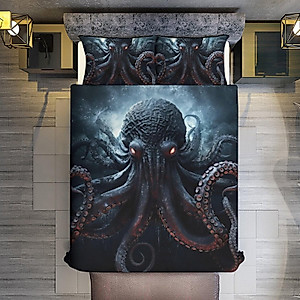 Giant Octopus Duvet Cover King - Super Soft Microfiber 3 Pieces Bedding Set with Zipper Closure And Corner Ties, Octopus Breathable Textured Comforter Cover, 1 Duvet Cover & 2 Pillow Shams for Hom