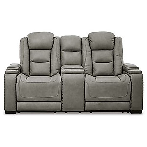 Signature Design by Ashley The Man-Den Leather Power Reclining Loveseat with Center Console, Adjustable Headrest & Wireless Charging, Gray