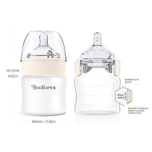 Yooforea Silicone Coated Glass Baby Bottle, 0M+ Slow Flow Nipple I Anti-Colic, Wide Neck, Stable Base I Medical-Grade Silicone Coating for Shatter Protection, BPA BPS PVC Free (2 Pack, 3 Ounce-Cream)