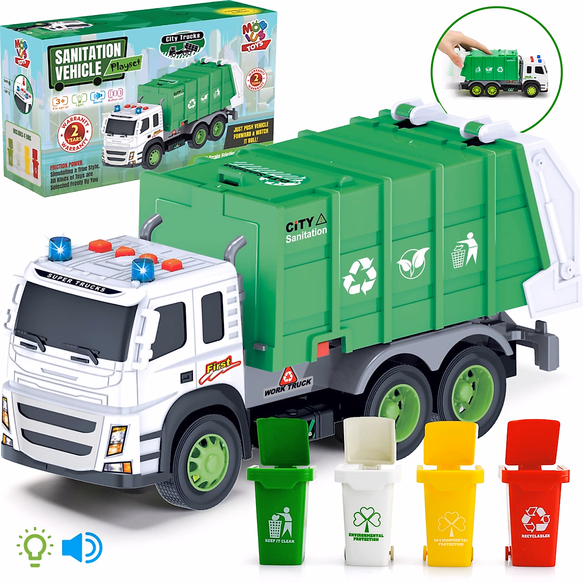 MOBIUS Toys Garbage Truck Friction-Powered – 1:12 Scale Large Size Truck w/Sounds, Lights, Loader, 4 Trash Cans for Learning Waste Management Recycling Toy for Toddlers, Boys, Girls 3 4 5 Years Old