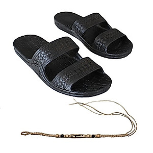 Rubber Double Strap Jesus Sandals By Imperial Hawaii for Women Men and Teens with 1 Braded Natural Hemp Anklet Bracelet Bundle - 2 Items (5, Black)