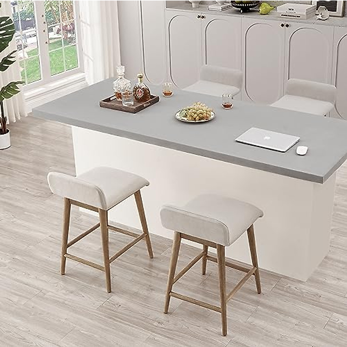 Ball & Cast Upholstered Counter Height Bar Stools 24 inch Kitchen Wooden Stool Chairs Set of 2, Linen