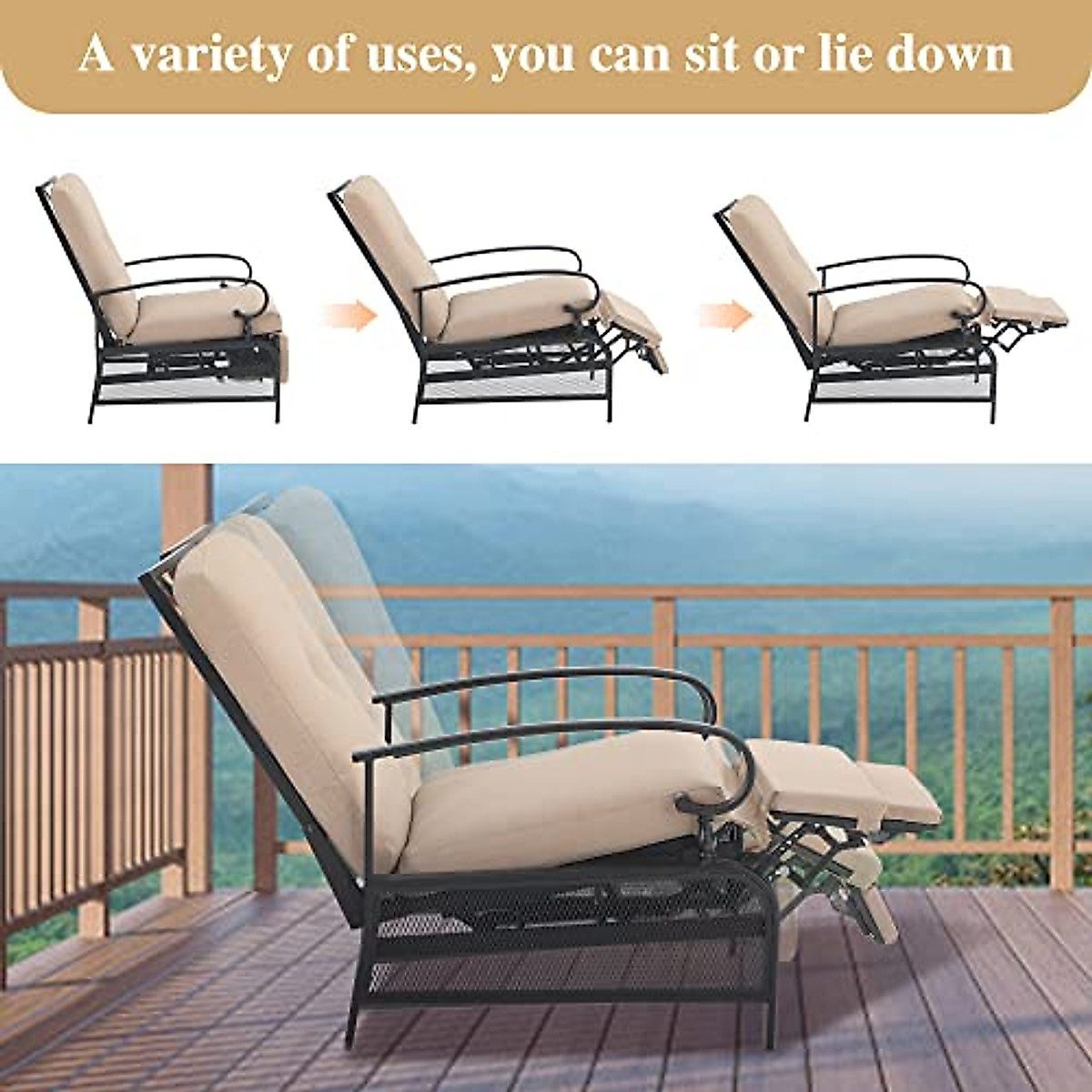 PHI VILLA Oversized Outdoor Recliner Chairs Set of 2, Zero Gravity Metal Patio Recliner Lounge Chairs with Removable Beige Cushions for Garden, Poolside, Lawn