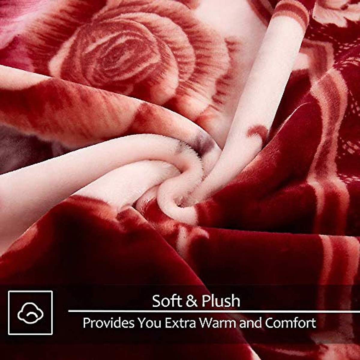 JYK Heavy Korean Mink Fleece Blanket, 5 LB - 2 Ply Reversible 520GSM Silky Soft Plush Warm Blanket for Autumn Winter (Queen, Flower/Burgundy)