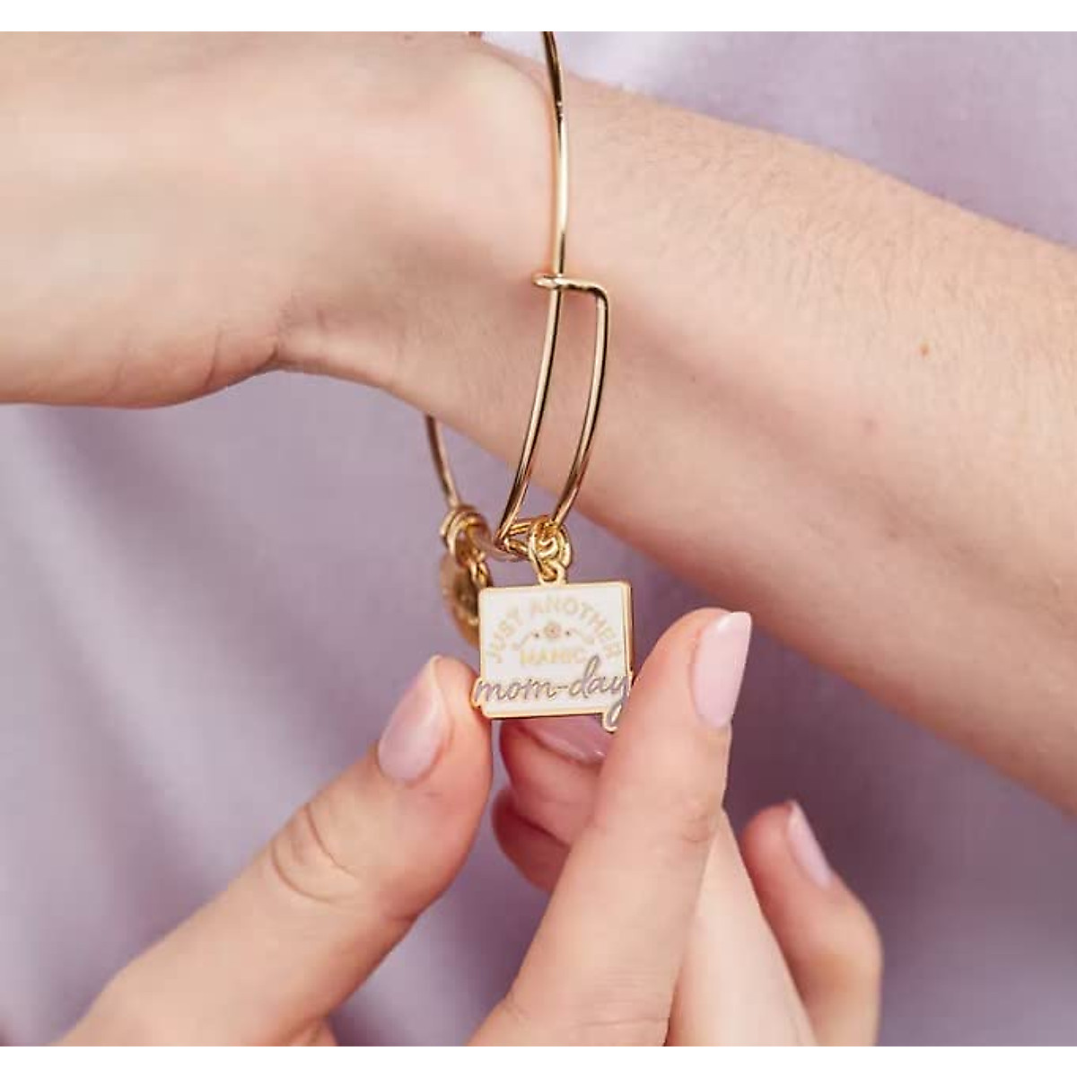 Alex and Ani Words are Powerful Expandable Wire Bangle Bracelet for Women, Manic Mom-Day Charm, Shiny Gold Finish, 2 to 3.5 in