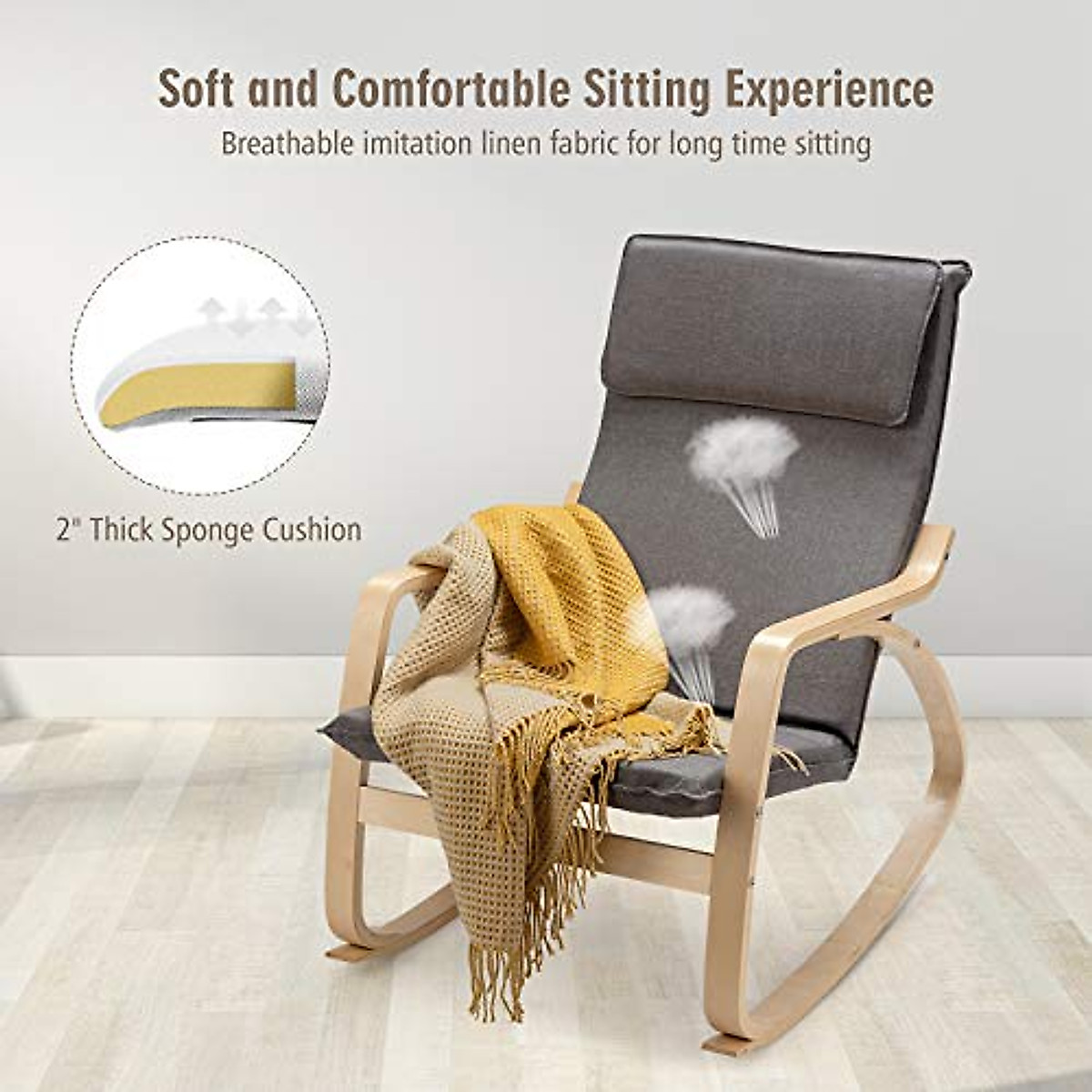 Safstar Hardwood Rocking Chair, Comfortable Relax Accent Fabric Rocker Chair with Metal and Wood Flame, Nursery Rocking Armchairs (Gray)