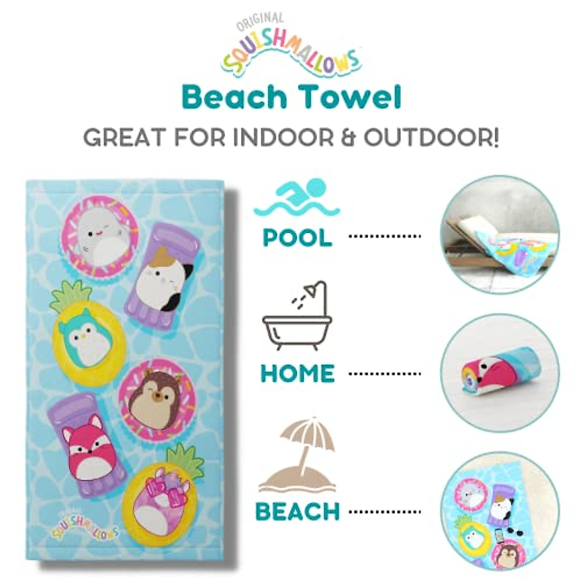 Franco Squishmallows Super Soft Cotton Bath/Pool/Beach Towel, 58 in x 28 in & Squishmallows Kids Bath/Pool/Beach Soft Cotton Terry Hooded Towel Wrap, 24 in x 50 in