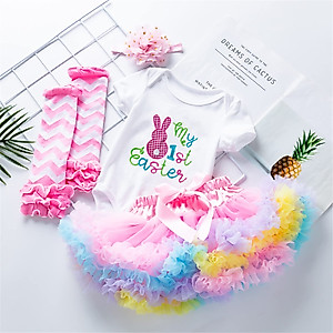 My First Easter Outfits Baby Girl Short Sleeve Rabbit Romper+Tutu Skirt+Headband+Leg Warmers Clothes Set (Pink, 0-3 Months)