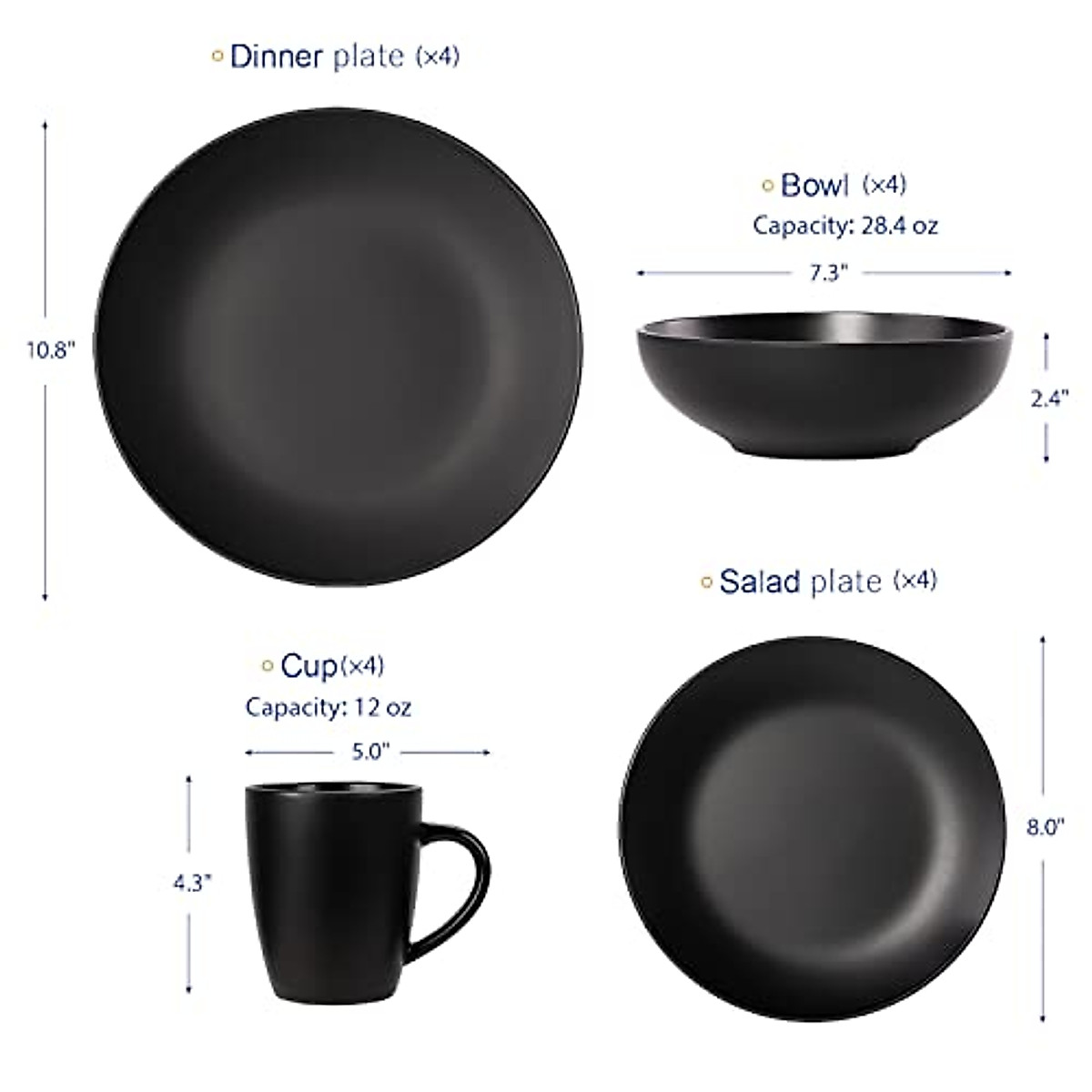 CREATIVELAND Round Stoneware Dinnerware Set Durable Kitchen and Dining,16 Piece Service For 4,Pasta Bowls,Large Salad Bowls,Porcelain Bowl,Wide and Shallow,Microwave and Dishwasher Safe, Matte Black.