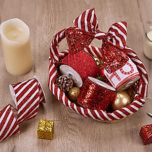 PAPER FAIR 4 Rolls 32 yd Red Glitter Candy Cane Christmas Wired Ribbon Set, 2.5 inch x 8yd Sequin Satin Burlap Ribbon for Xmas Tree Décor, Gift Wrap Box, Bow, Wreath, Garland, Floral DIY Craft