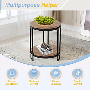 Alunaune Industrial End Table, 2-Tier Marble Look Round Side Table, Small Modern Storage Shelf Black Metal Coffee Table Nightstand for Living Room Bedroom-Brown with Black Leg