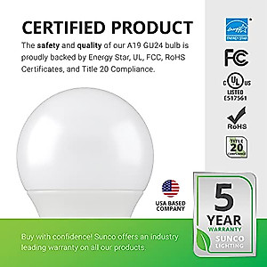 Sunco 6 Pack GU24 LED Light Bulbs 2 Prong A19, CRI91 5000K Daylight, 9W Equivalent 60W, CFL Replacement 800 Lumen, Super Bright Dimmable Twist & Lock GU24 Pin Base with 2 Prongs Instant On UL