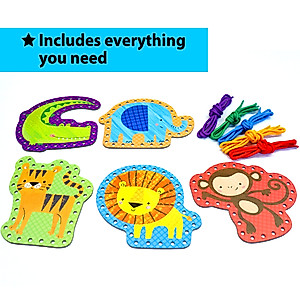 KRAFUN Beginner Preschool Lacing Card Kit for Kids Arts & Crafts, 5 Easy Safari and Animal Lacing Projects, Lacing Cards for Toddlers, Fine Motor Skills Training Toys