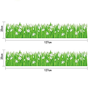 BIBITIME Green Grass White Flower Wall Border Decal Vinyl Sticker Peel and Stick Home Art PVC Murals for Living Room Kitchen Bathroom Window Door Nursery Bedroom Children Kids Room Decor
