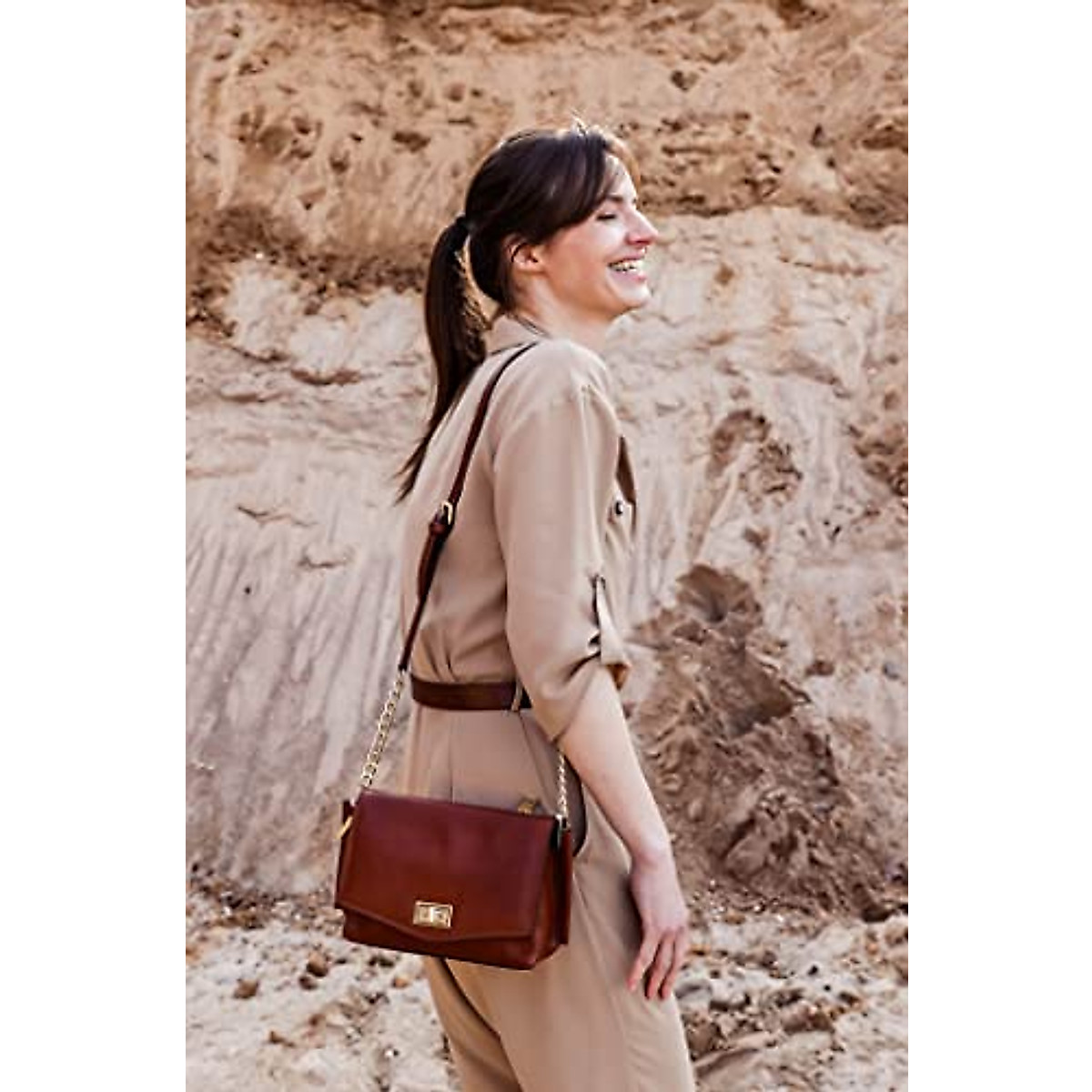 Time Resistance Leather Crossbody Bag for Women - Full Grain Leather Shoulder Bag - Stylish Messenger Bag Purse (Cognac)
