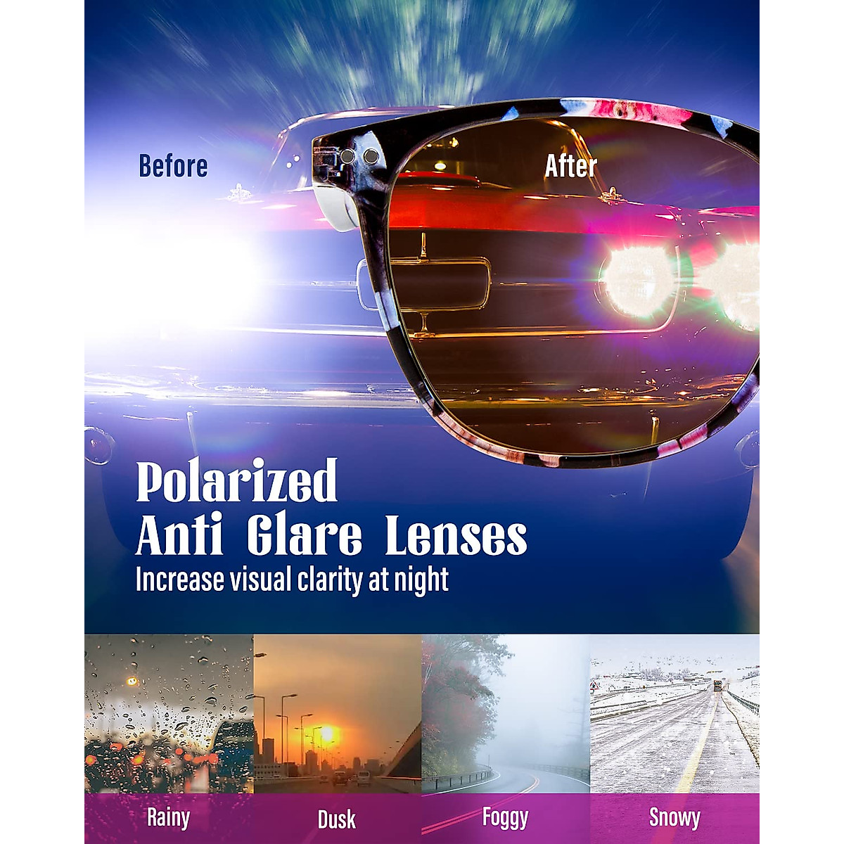 Bloomoak Night Driving Polarized Glasses for Women, Trendy Retro Fashion Glasses, Anti Glare/UV 400 Protection(flower/yellow)