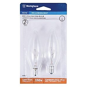 Westinghouse 4027 60-Watt, B10 Decorative Ceiling Fan Bulb, Candelabra Base, Clear, 2-Pack