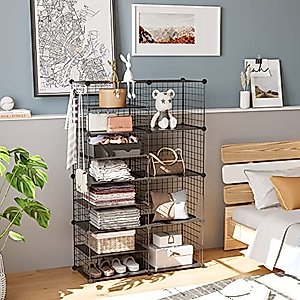 C&AHOME Wire Cube Storage Unit, Interlocking Metal Wire Organizer with Divider Design, Modular Cabinet with Plastic Panels, Bookshelf Stackable Closet Organizer with Small Hooks, Black UWCSIM08B