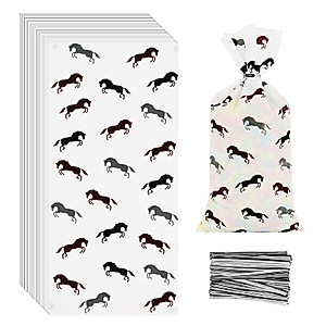 Lecferrarc 100 Pcs Horse Treat Bags Horse Cellophane Candy Bags Horse Racing Plastic Goodie Storage Bags Horse Party Favor Bags with Twist Ties for Cowboy Theme Birthday Party Supplies