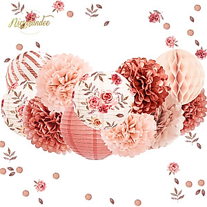 NICROLANDEE Wedding Decorations, 12PCS Rose Gold Paper Lanterns Tissue Pom Poms Confetti Decor for Bridal Shower Bachelorette Valentines Party, Rose Gold Pink Girl Birthday Party Decoration