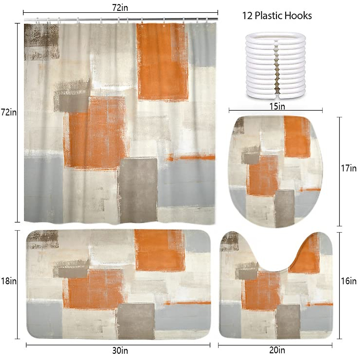 LOKMU 4 Pcs Shower Curtain Sets with Non-Slip Rugs, Toilet Lid Cover and Bath Mat,Gray Beige and Orange Abstract Brown White Waterproof Shower Curtain with 12 Hooks, Bathroom Decor Sets, 72" x 72"