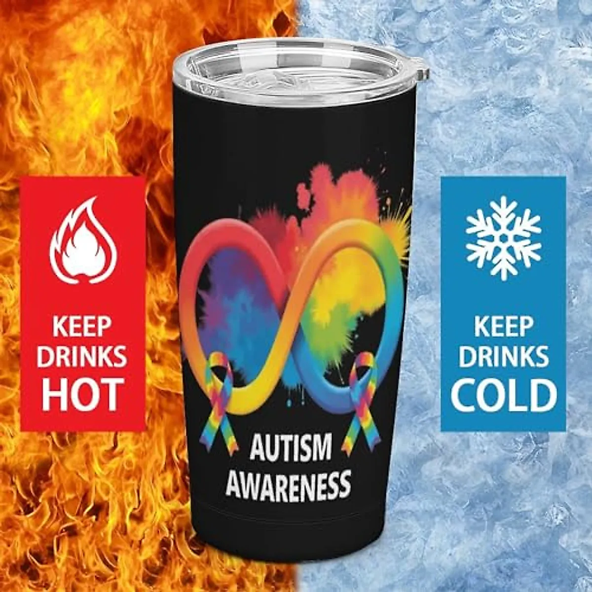 Autism Awareness Infinity Ribbon 20 OZ Stainless Steel Tumbler Travel Car Coffee Mug with Straw Lid Cleaning Brush Coffee Tumbler Mug for Women Men