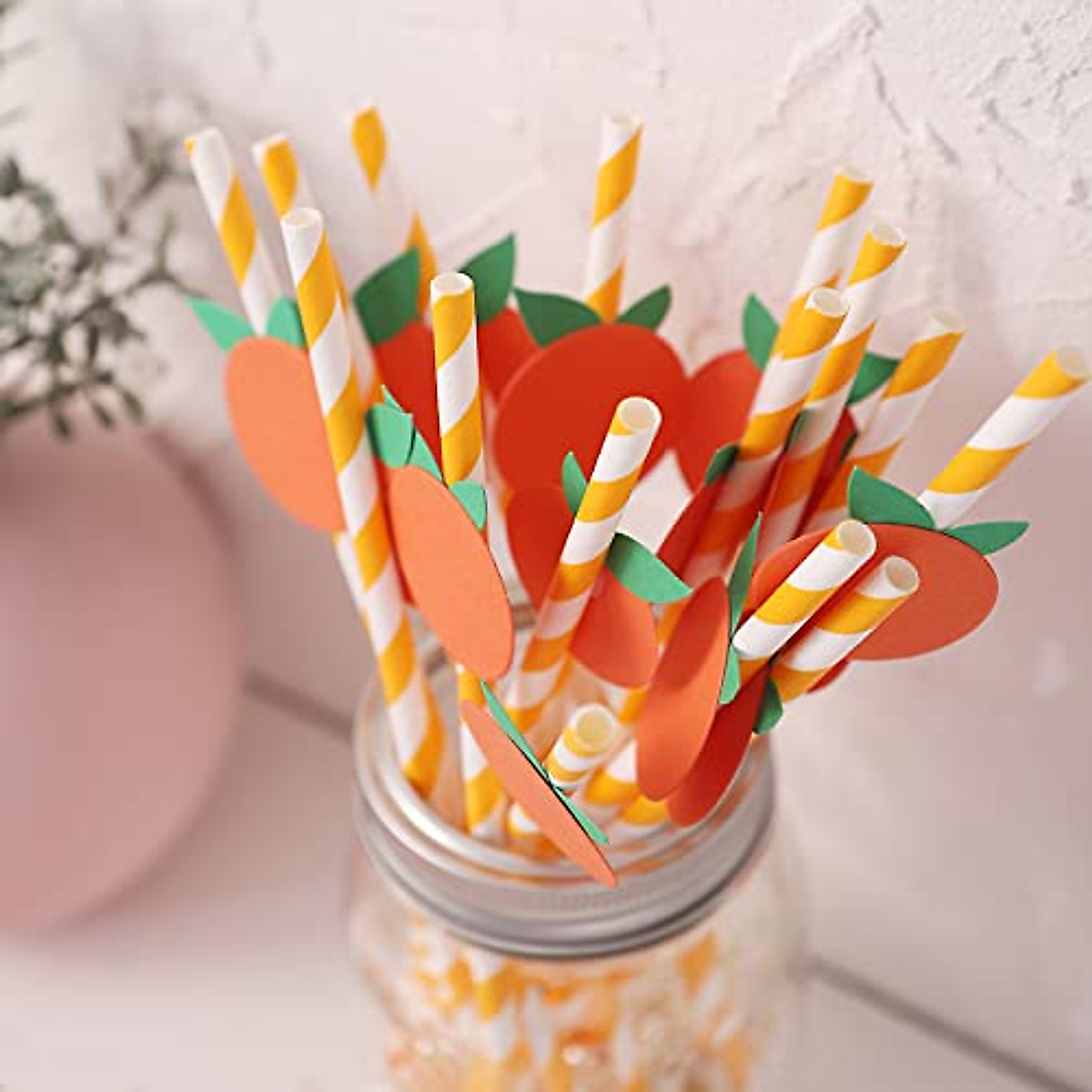 Orange Paper Straws - Biodegradable Disposable Drinking Striped Paper Straws 15 Pieces, Little Cutie Straws, Little Cutie Baby Shower Decorations, Little Cutie Themed Birthday Decorations