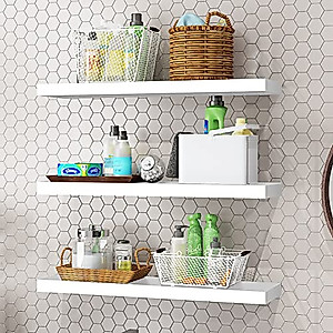 VOGGV White Floating Shelf, Wall Mounted Shelves with Invisible Brackets, Wall Shelves for Bathroom, Bedroom, Office, Living Room, Kitchen, Shelves for Wall Decor Storage, Set of 3