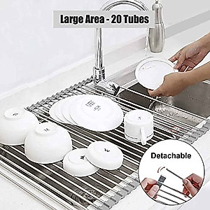 Roll Up Dish Drying Rack, 17" x 15.7 Multipurpose Foldable Sink Drying Rack, Heat-Resistant Anti-Slip Stainless Steel & Silicone Wrapped, for Over the Sink