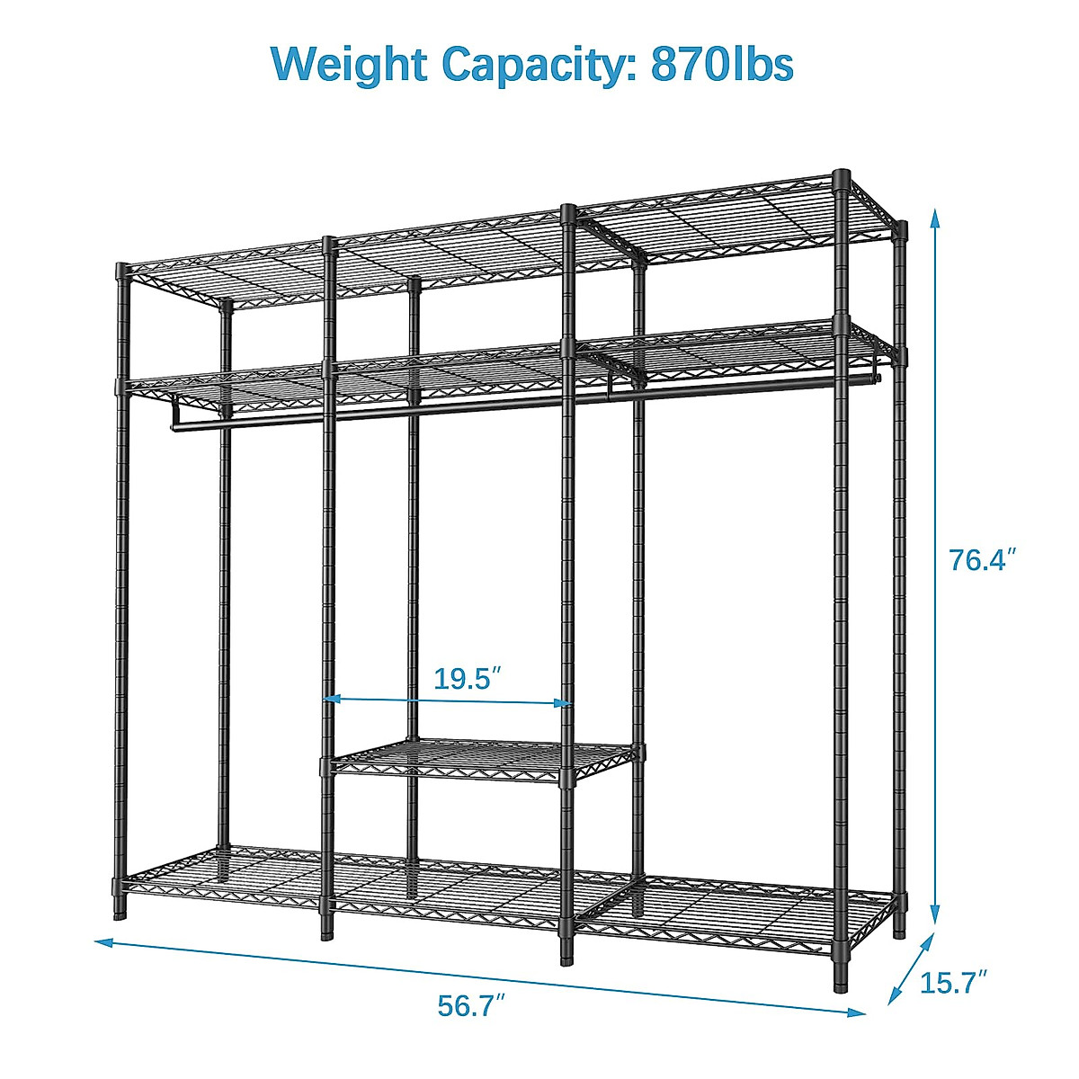 VIPEK V30 Garment Rack, Heavy Duty Clothes Rack with 7 Adjustable Shelves & 2 Hang Rods, Portable Closet System, Metal Closet Rack, Freestanding Wardrobe Closet for Hanging Clothes, Max Load 870lbs