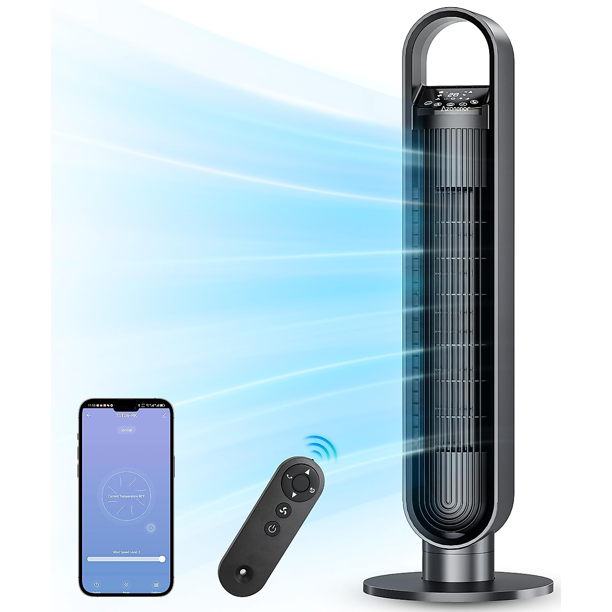 Azonanor Tower Fan for Bedroom, 90° Oscillating Standing Bladeless Fan with Remote, 12H Timer, 3 Speeds Max 28ft/s, 3 Modes, LED Display Floor Fans Works with Tuya/Smart Lift