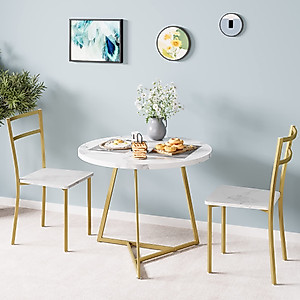 Amyove Dining Table Set for 2, Round Kitchen Table and Chairs for 2, Modern Dining Room Table Set with 2 Metal and Wood Chairs, Kitchen Table Set for Small Space, Apartment, Marble White and Gold