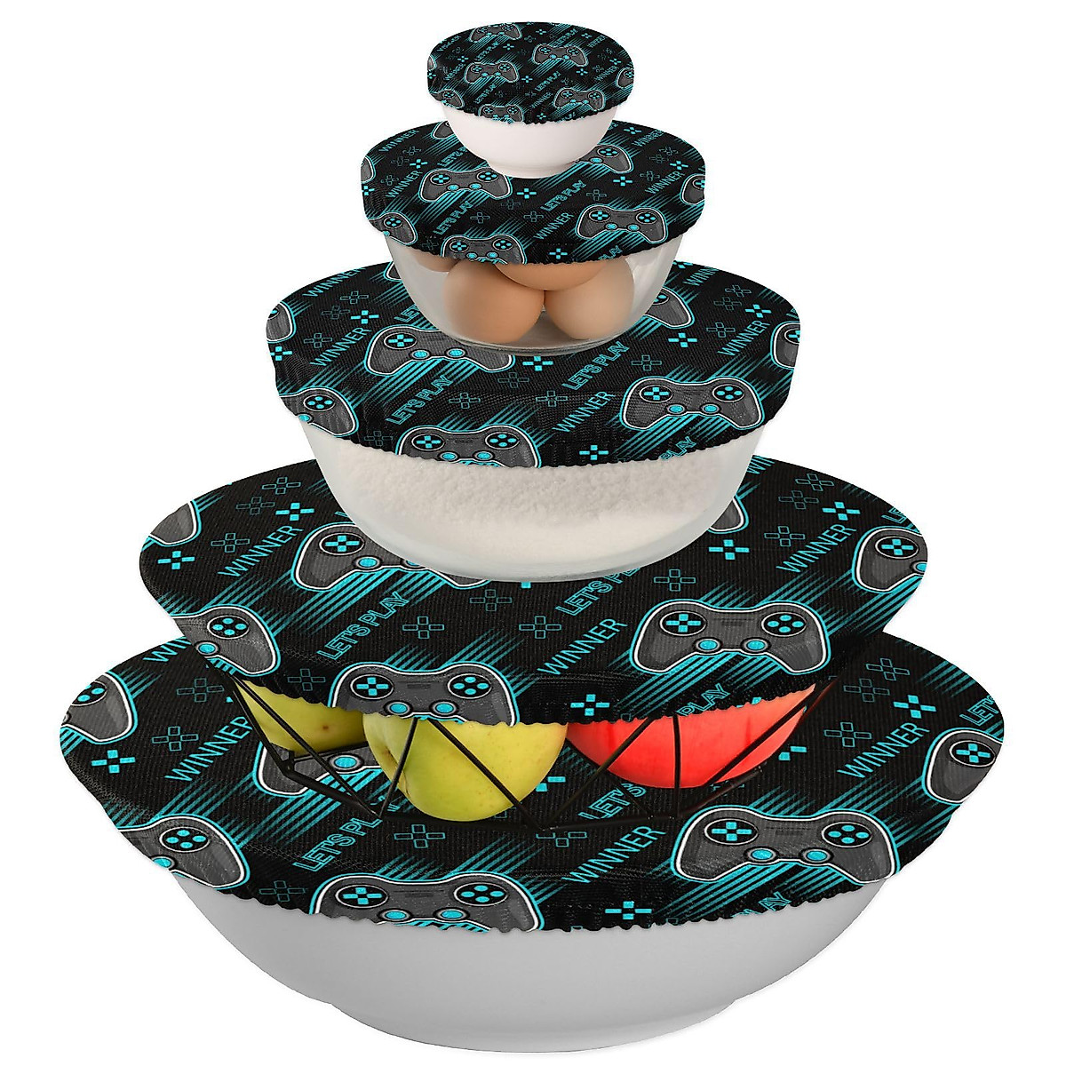 Bowl Cover Reusable Blue Joystick Video Game Black Elastic Fabric Food Storage Cover Stretch Lids 5 Pieces for Kitchen Food Bread Abstract Bowl Containers Dish Covers for Fruits,Leftover