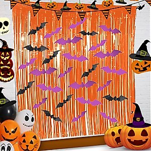 Halloween Background Photo Booth Props, 2 Packs Orange Tinsel Foil Fringe Curtains Backdrop, 3.3 x 6.6 ft Streamer with 96 Pcs Black Purple PVC Bat Stickers Decals for Party Supplies