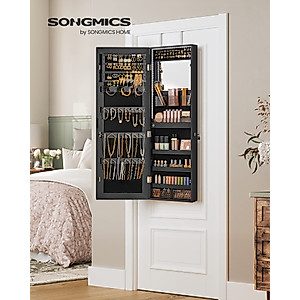 SONGMICS Jewelry Cabinet Armoire Organizer with LED Lights, Wall-Mounted Storage Cabinet with Full-Length Frameless Mirror, Built-in Makeup Mirror, 2 Drawers, Lockable, Black UJJC013B01