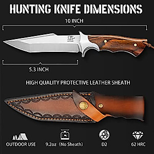 LOTHAR 10 Inch Fixed Blade Hunting Knife, D2 Full Tang Camping Knife with Leather Sheath, Survival Knife with Rosewood Handle for Outdoor, Fishing, Sharp Durable bushcraft knife