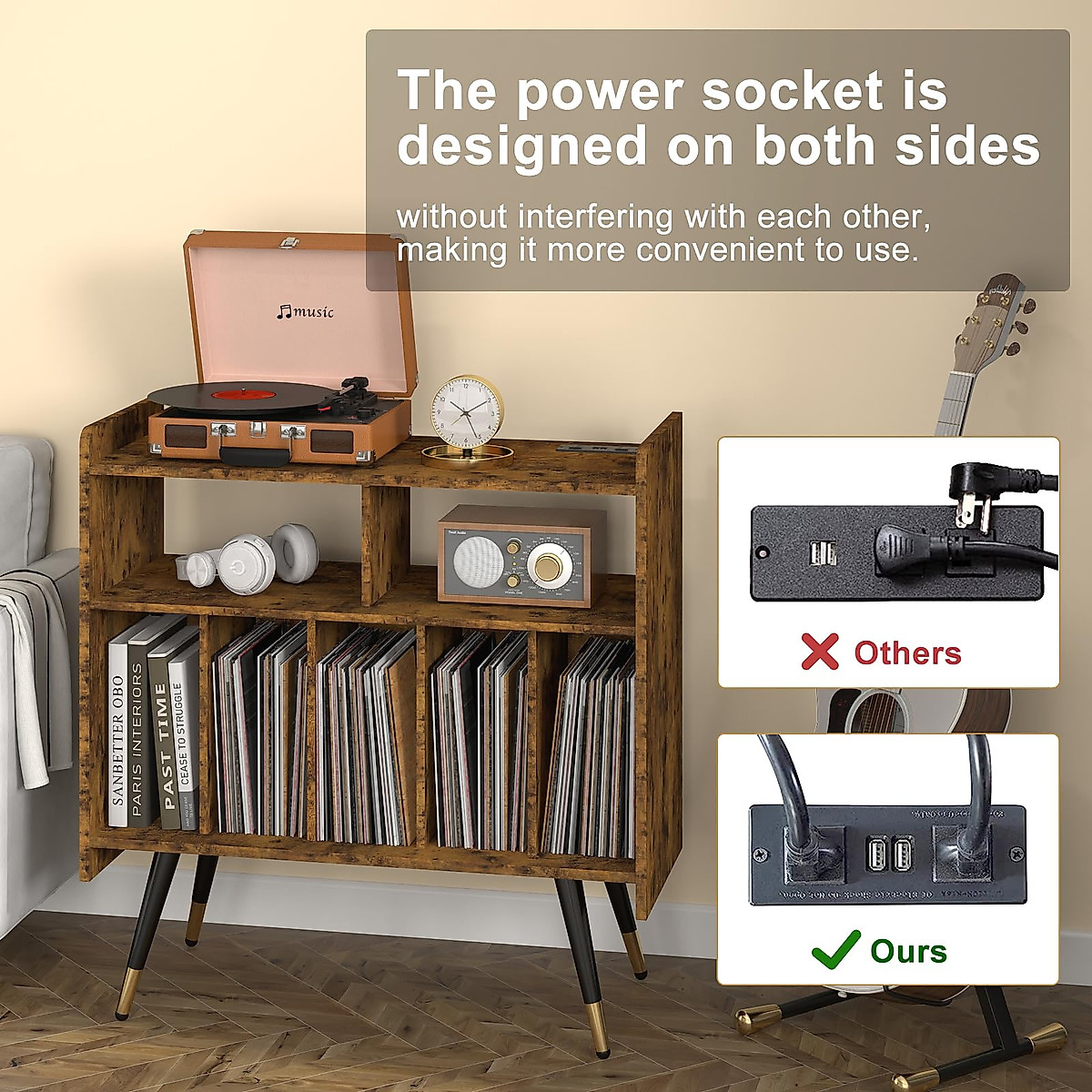 Large Record Player Stand, Vinyl Record Storage Cabinet with Power Outlet, Record Player Table Holds up to 350 Albums, Mid-Century End Table Turntable Stand for Living Room, Office