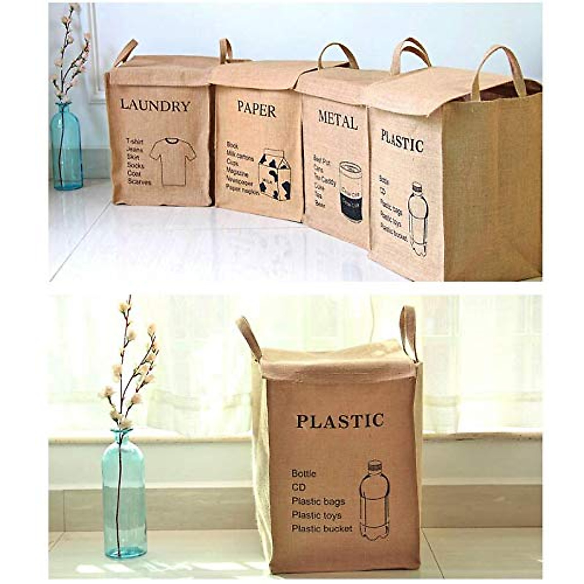 Jute Weave Recycling Bag Waste Bin Bags Basket for Home Kitchen Office - Natural Style Recycle Garbage Trash Sorting Bins Organizer Baskets Recycling Container