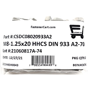 M8-1.25 X 20 Hex Head Cap Screw Hex Bolts DIN933 (M8x20) Full Thread A2-70 Stainless Steel (25 Pieces)
