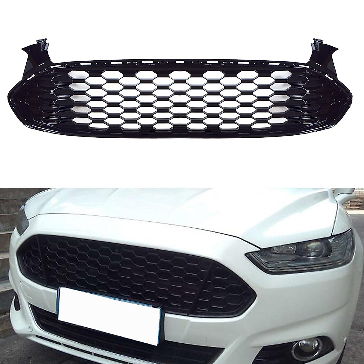 munirater Front Hood Bumper Grill Honeycomb Mustang Style Gloss Black Grille Cover Replacement for 2013-2016 Fusion