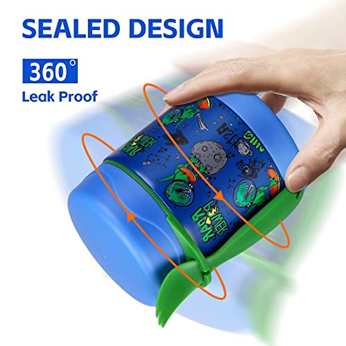 Pawtong 10oz Soup Thermo for Hot Food Kids Insulated Food Jar,Thermo Hot Food Lunch Container, Width Mouth Stainless Steel Lunch Box for Kids with Spoon (Blue-dinosaur)