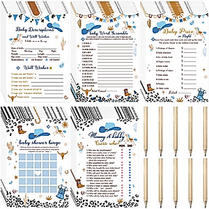 145 Pcs Baby Shower Games for Boy or Girl 5 Game Activities Card with 20 Pencils Include Baby Shower Bingo, Guess Who, Description and Well Wishes, Word Scramble Game (Cowboy Style)