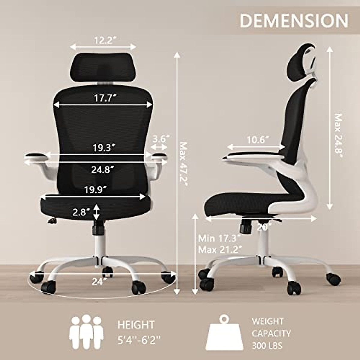 Office Chair, High Back Ergonomic Desk Chair, Breathable Mesh Desk Chair with Adjustable Lumbar Support and Headrest, Swivel Task Chair with flip-up Armrests, Executive Chair for Home Office