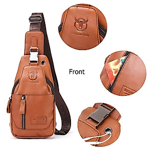 BULLCAPTAIN Leather Men's Sling Backpack Multi-pocket Crossbody Chest Bags Travel Hiking Daypack with Earphone Hole (brown 2)