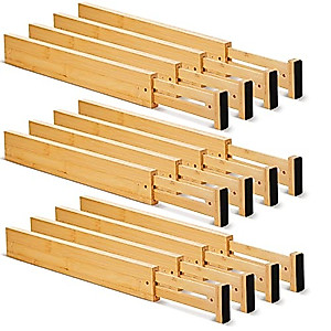 Sawysine 12 Pieces Bamboo Drawer Dividers Adjustable Drawer Organizers 2.4" High 17"-22" Spring Separators Organization Expandable Organizers for Kitchen Bedroom Bathroom Dresser Office