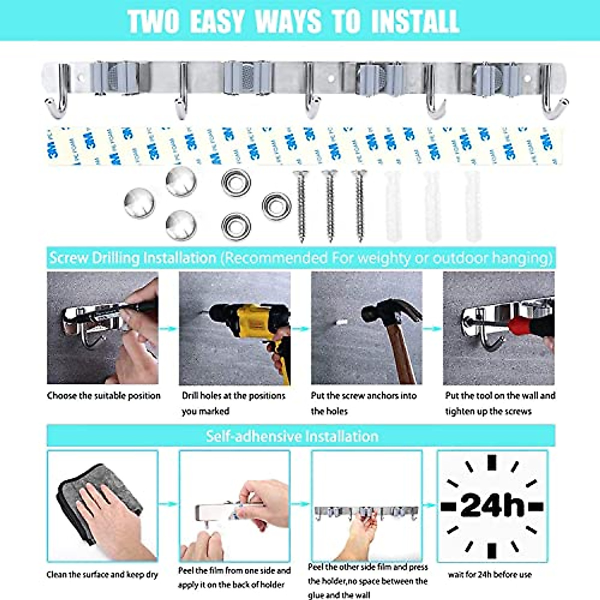 Saxhorn Broom Mop Holder Wall Mount Stainless Steel Tool Hanger Storage Organizer for Home, Kitchen, Garage, Garden, Laundry Room, Bathroom Organization and Storage(4 Racks 5 Hooks)