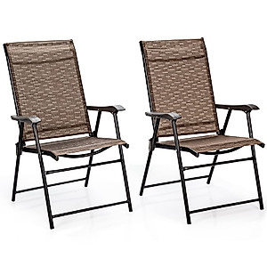 Tangkula Set of 2 Outdoor Patio Chair Space Saving Stackable Portable Steel Frame Lawn Poolside Backyard Folding Chairs with Armrest & Footrest Commercial Party Home Use Modern Sling Chairs