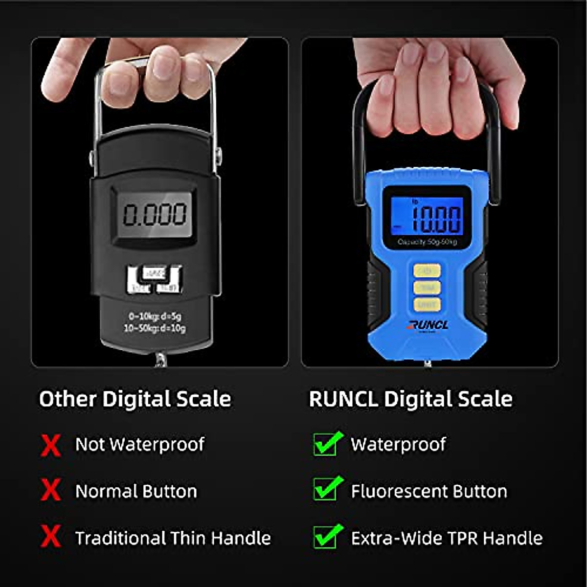 RUNCL Waterproof Fishing Scale with Lip Gripper, Fluorescent Button Digital Fish Scale 110lb/50kg - Backlit LCD Display, 40in Tape Measure - Hanging Scale for Home and Outdoor(Blue)