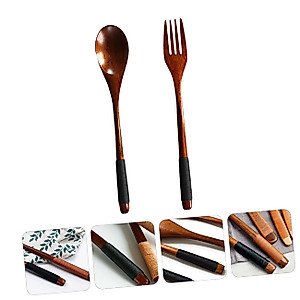 HOMSFOU 4pcs Japanese Wooden Handle Fork and Spoon Wood Soup Wood Cake Forks Stainless Steel Flatware Wooden Forks and Antique Flatware Wooden Tableware Kits Travel Salad Solid Wood