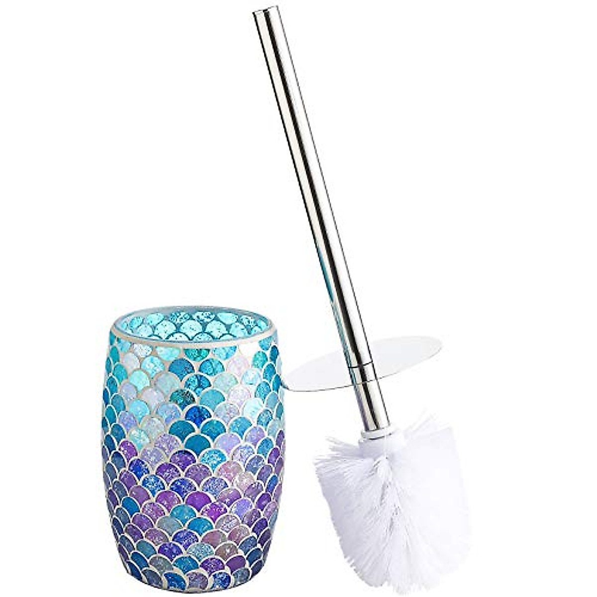 WHOLE HOUSEWARES | Bathroom Wastebasket | Mermaid Glass Mosaic Decoration and Bathroom Accessories Toilet Brush Set - Blue Toilet Bowl Brush and Holder (Fan Shape)